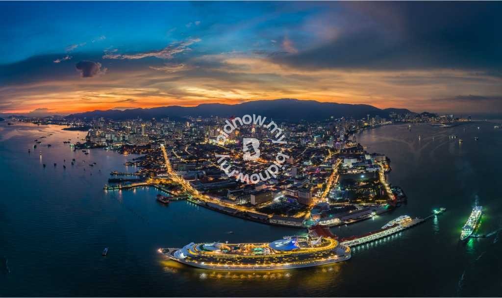 Swettenham Pier Cruise terminal and George Town at dusk.